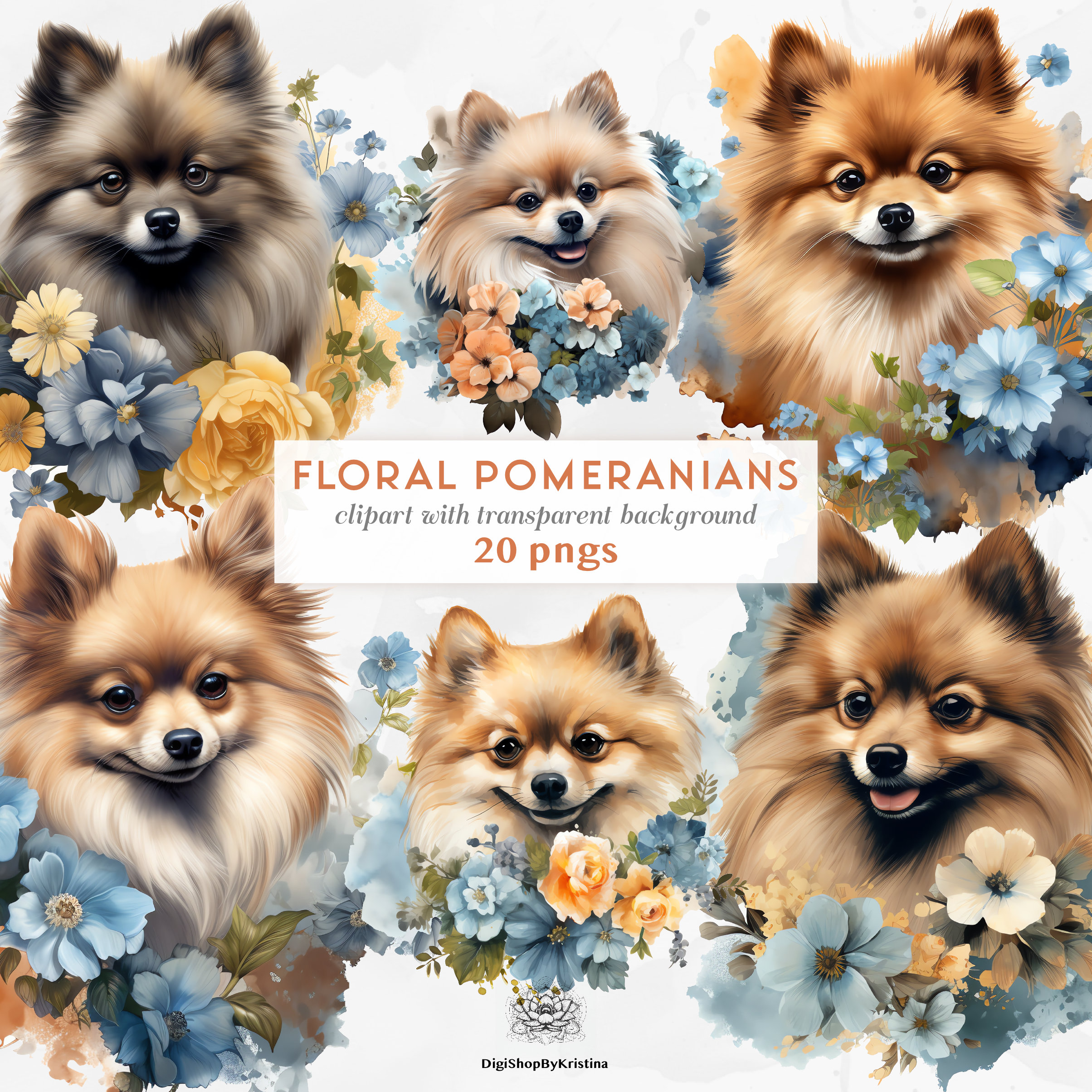 Cute Floral Pomeranian Clipart Watercolor Pomeranians With Flowers Pngs ...