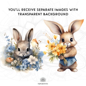 Cute Easter Bunny Holding Flowers Clipart | Watercolor Bunnies Pngs ...