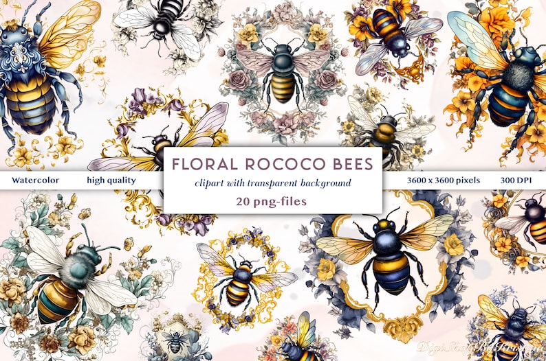 Bee Clipart Floral Rococo Bees PNG Files | Antique Clipart Bees ...