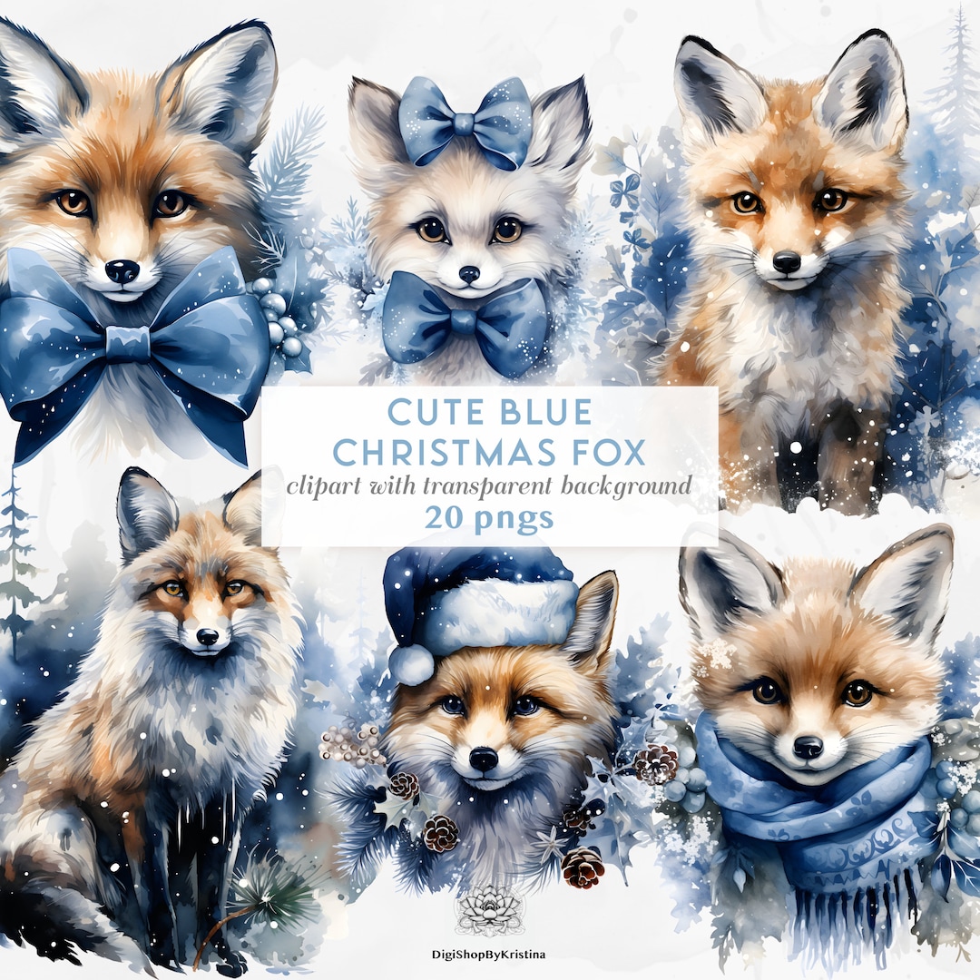 Cute Blue Christmas Fox Clipart | Blue Watercolor Christmas Fox Pngs ...