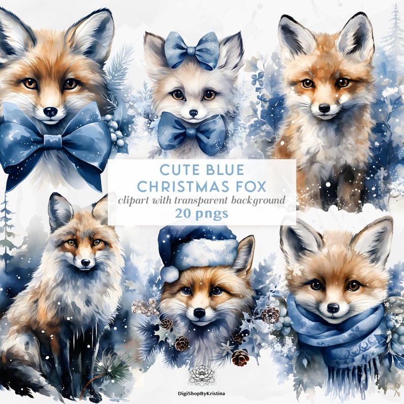 Cute Blue Christmas Fox Clipart Blue Watercolor Christmas Fox Pngs Cute ...