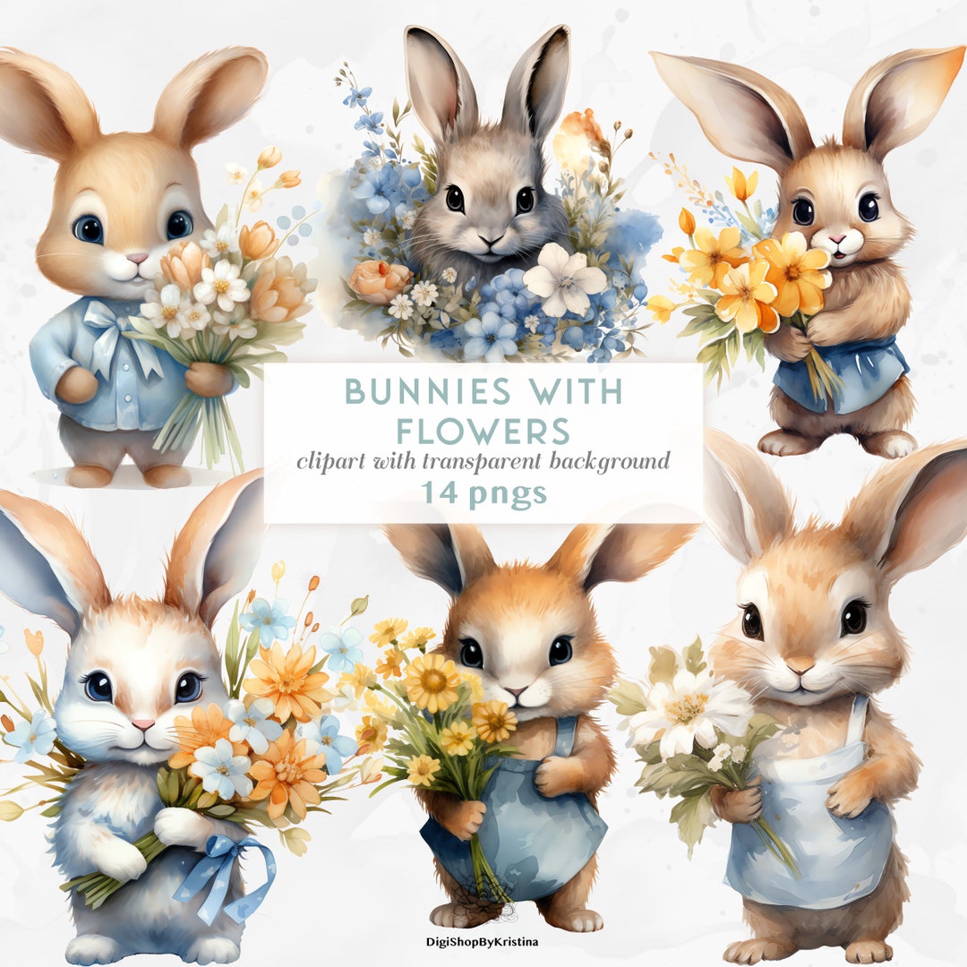 Cute Easter Bunny Holding Flowers Clipart | Watercolor Bunnies Pngs ...