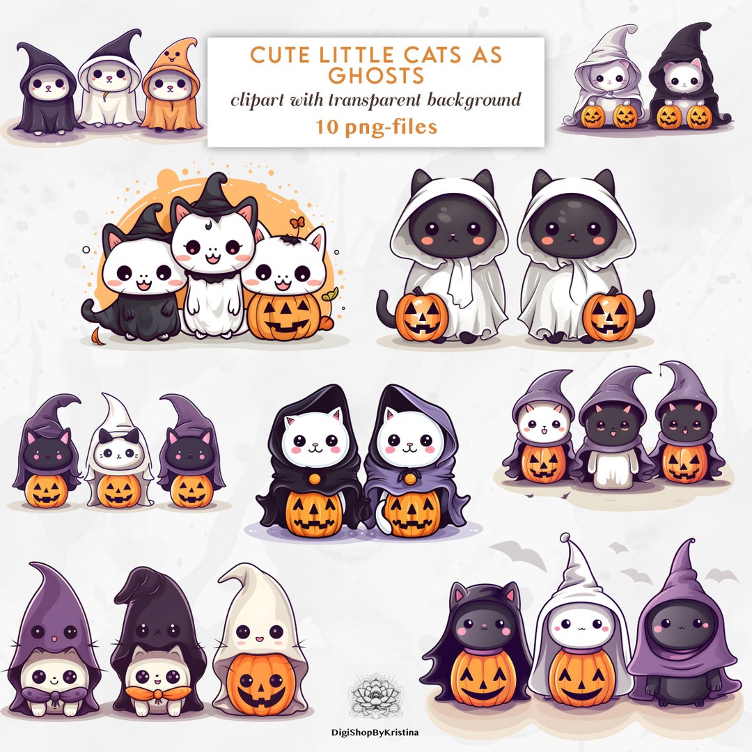 Cute Little Ghost Cats Clipart Pngs | Retro Cats Graphics Download ...