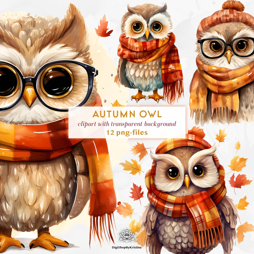 Autumn Owl Clipart | Cute Owl With Scarf Clipart | Autumn Animals ...