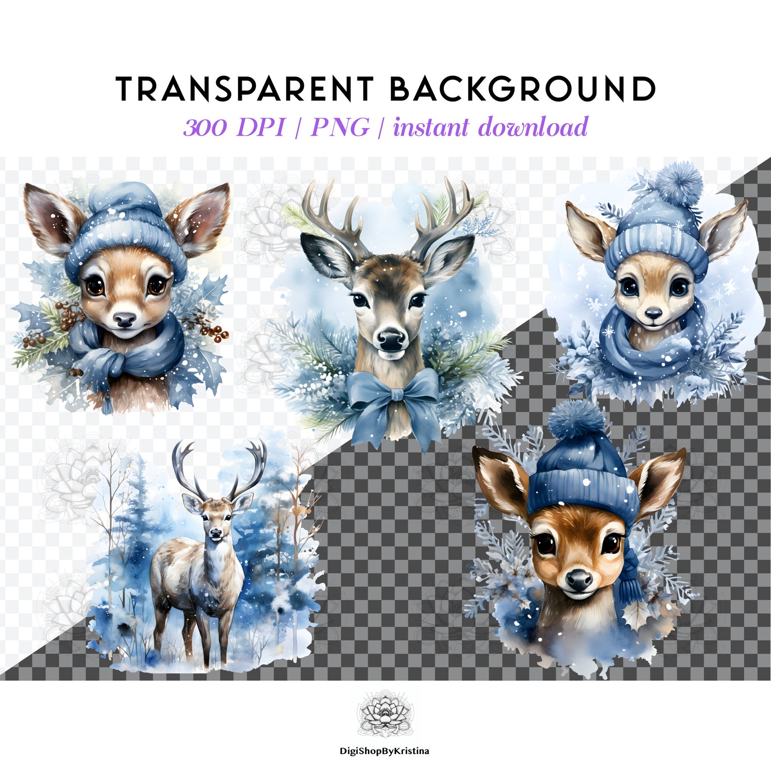 Cute Blue Christmas Reindeer Clipart Blue Watercolor Christmas Girly ...