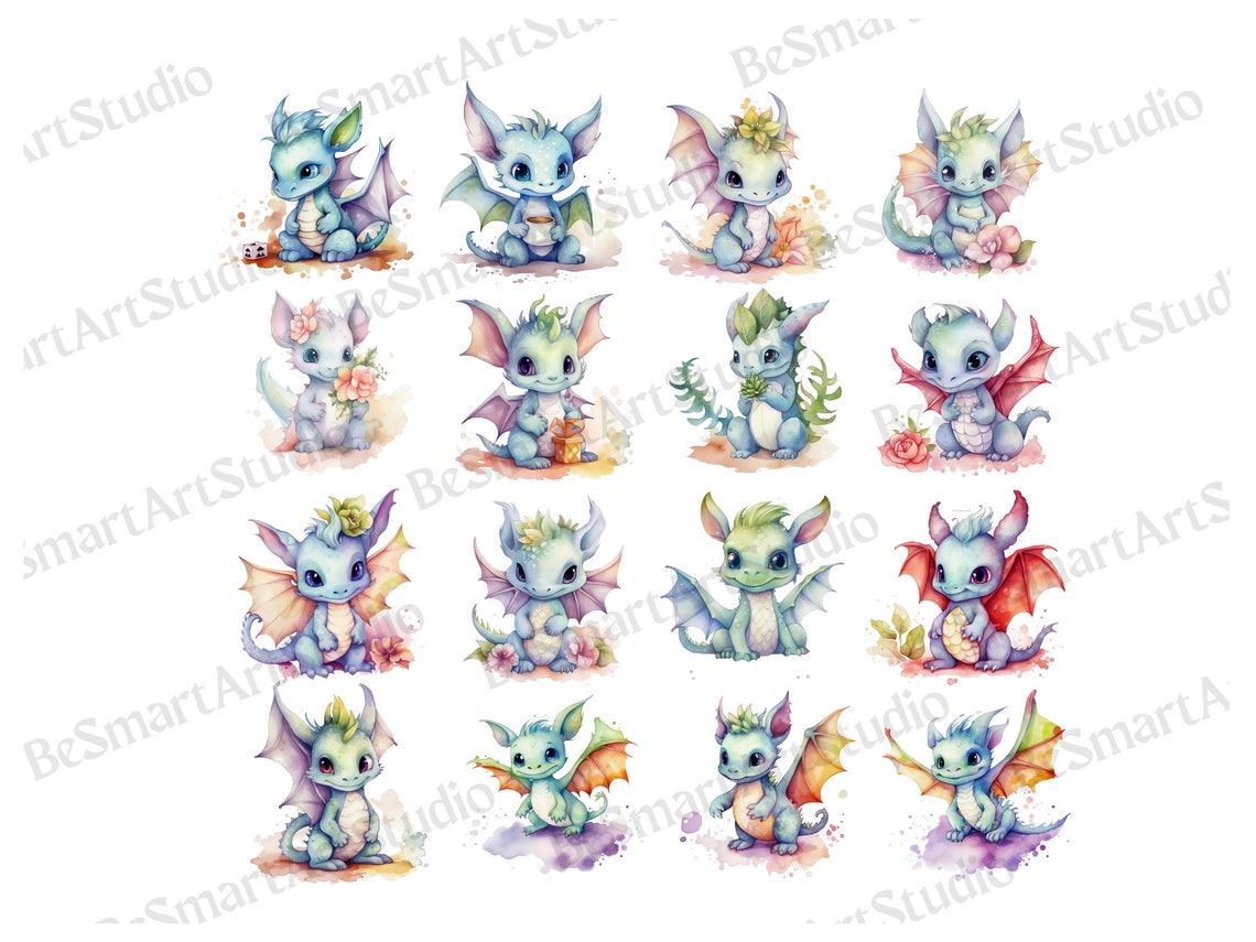 Cute Watercolor Dragons Clipart, Fantasy Dragons Watercolour Clipart ...