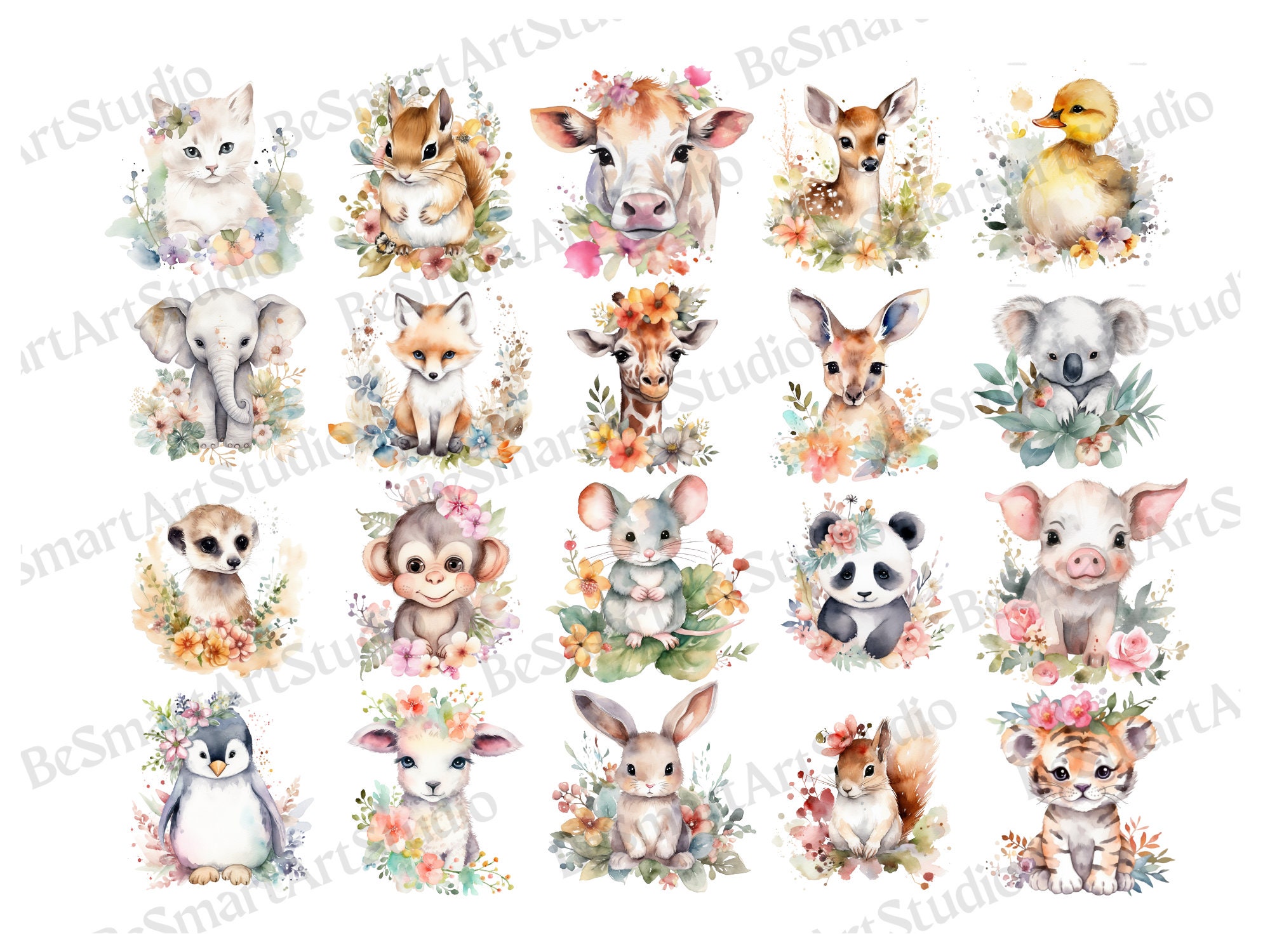 Watercolor Spring Baby Animals Clipart, Animals Floral, in PNG Format ...