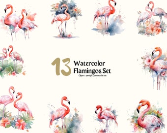 Watercolor Flamingo Clipart. Tropical Birds With Flowers in PNG Format ...