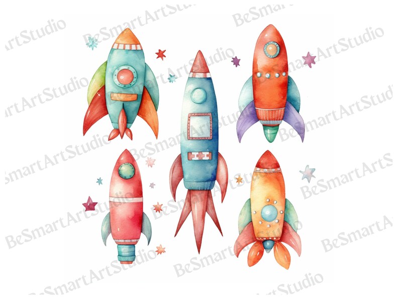 Space Watercolor Clipart, Cute Astronaut , Planets Clip Art, Rockets ...