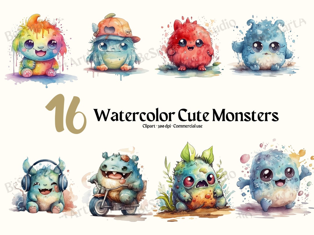 Watercolor Cartoon Monster Clipart, Digital Download, Card Making ...