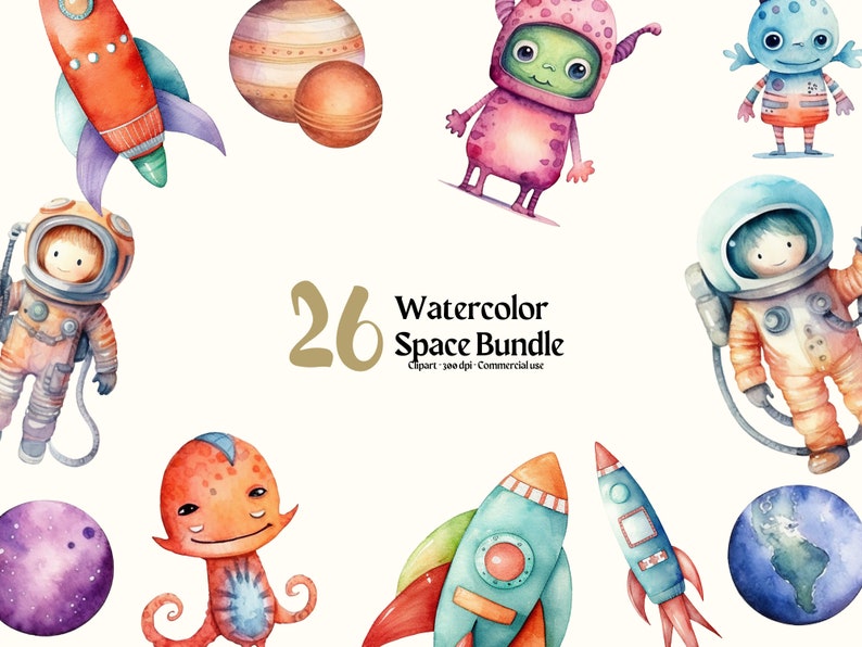 Space Watercolor Clipart, Cute Astronaut , Planets Clip Art, Rockets ...