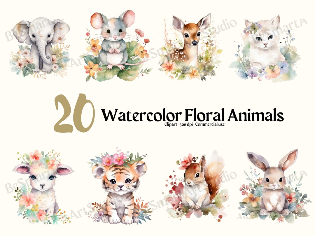 Watercolor Spring Baby Animals Clipart, Animals Floral, in PNG Format ...