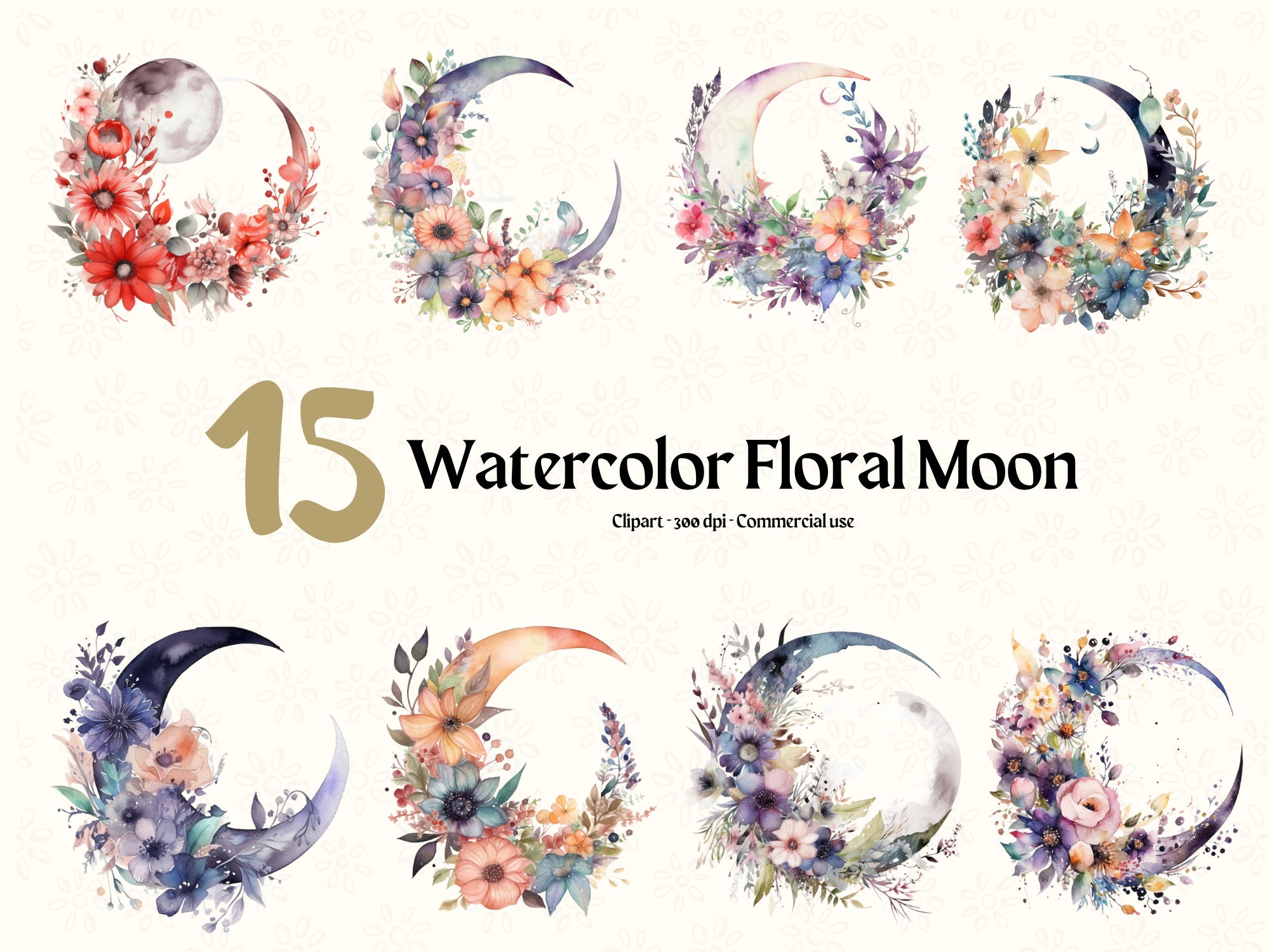 Watercolor Floral Moons Clipart, Floral , Crescent Moons With Flowers ...