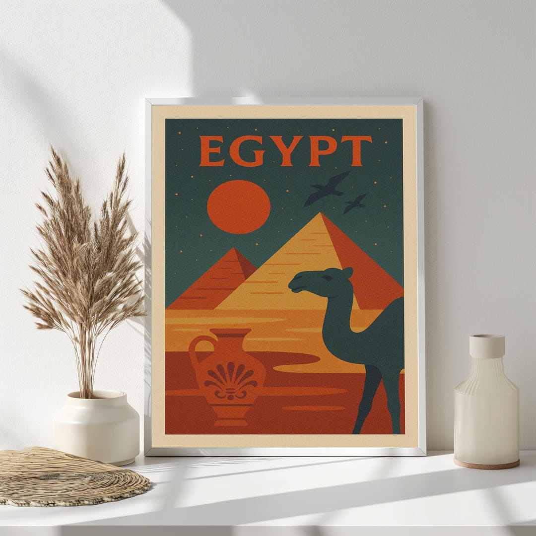 Egyptian Pyramids Print – Orange and Teal and Navy Poster | Vintage ...