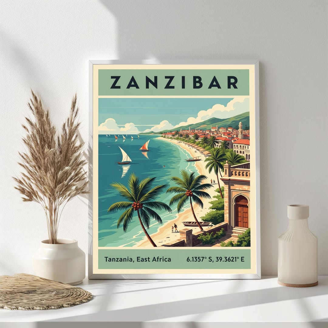 Zanzibar Coastline Poster – Retro Travel Print, Mid-century Modern Art ...