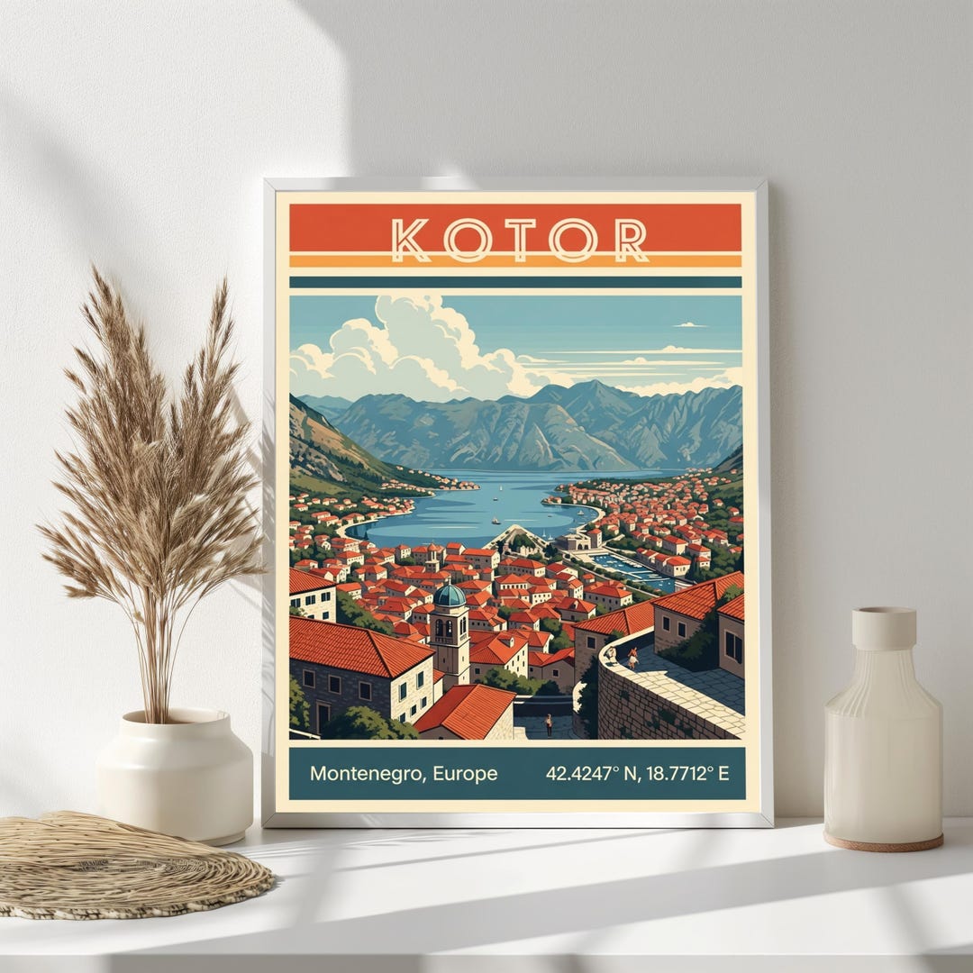 Kotor Aerial View Poster – Orange and Teal, Navy and Cream Art | Mid ...