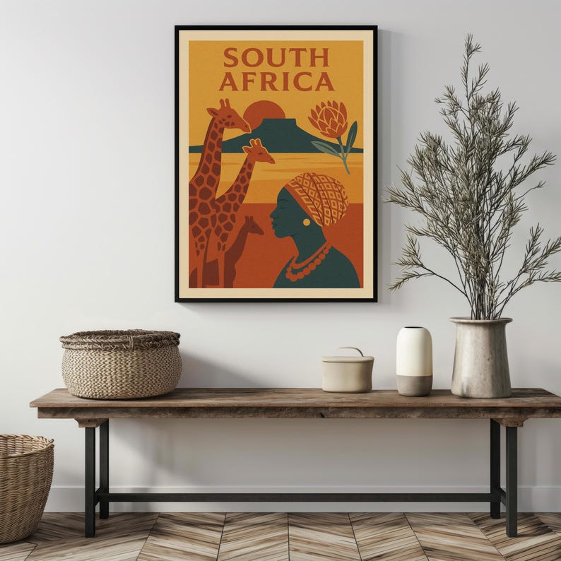 South Africa Travel Poster – Giraffe and Mountain Art Print - Etsy