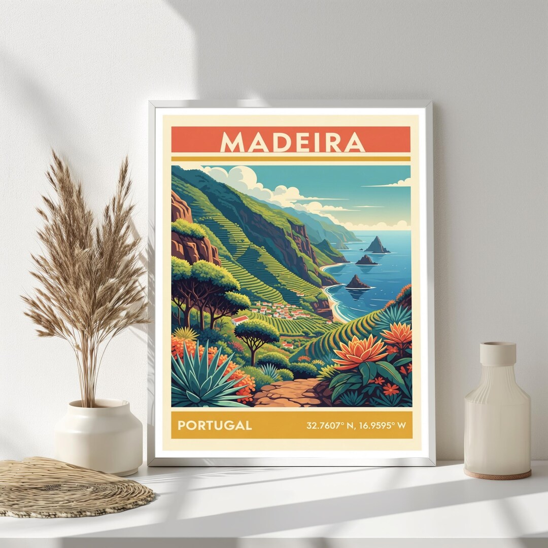 Madeira Coastal Cliffs Poster – Green, Blue, Orange and Teal Retro ...