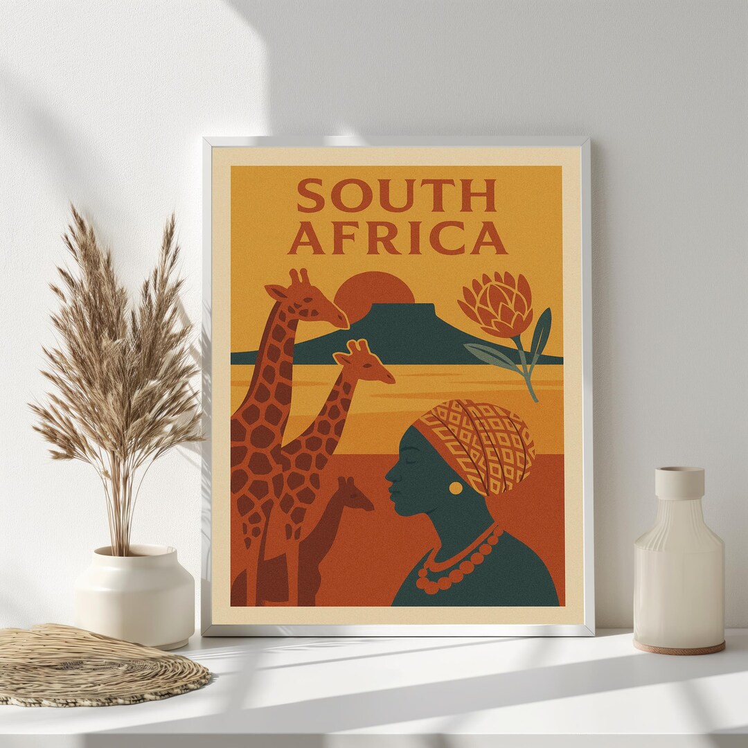 South Africa Travel Poster – Giraffe and Mountain Art Print - Etsy