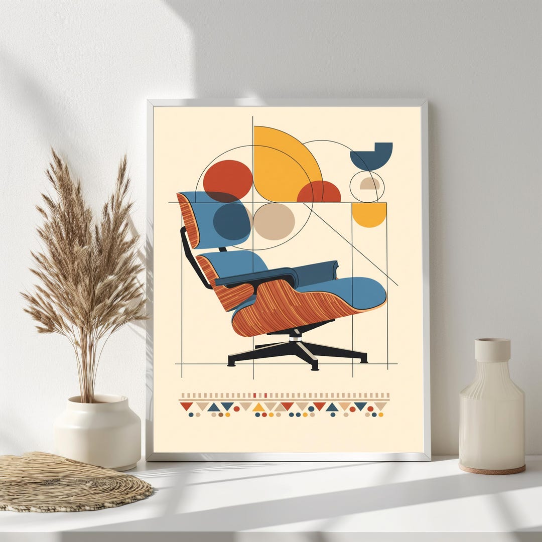 Mid-century Modern Chair Poster – Blue and Orange and Red and Beige Art ...