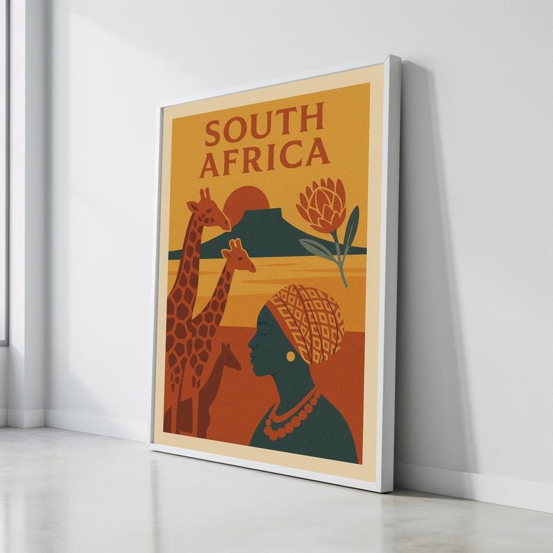 South Africa Travel Poster – Giraffe and Mountain Art Print - Etsy