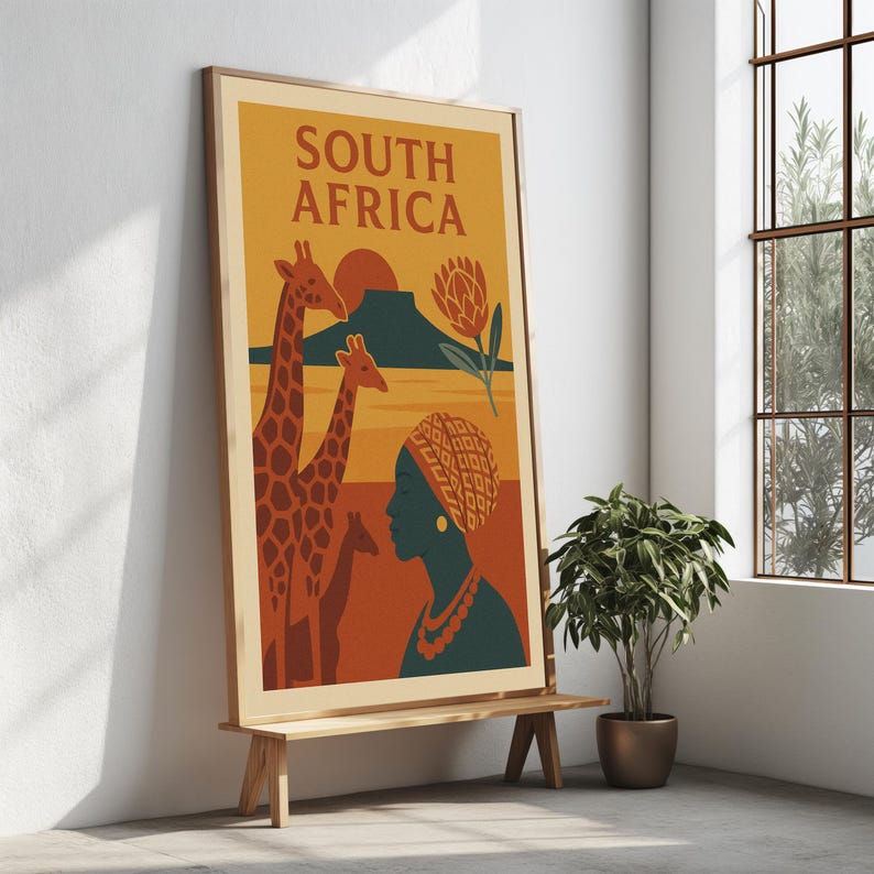 South Africa Travel Poster – Giraffe and Mountain Art Print - Etsy