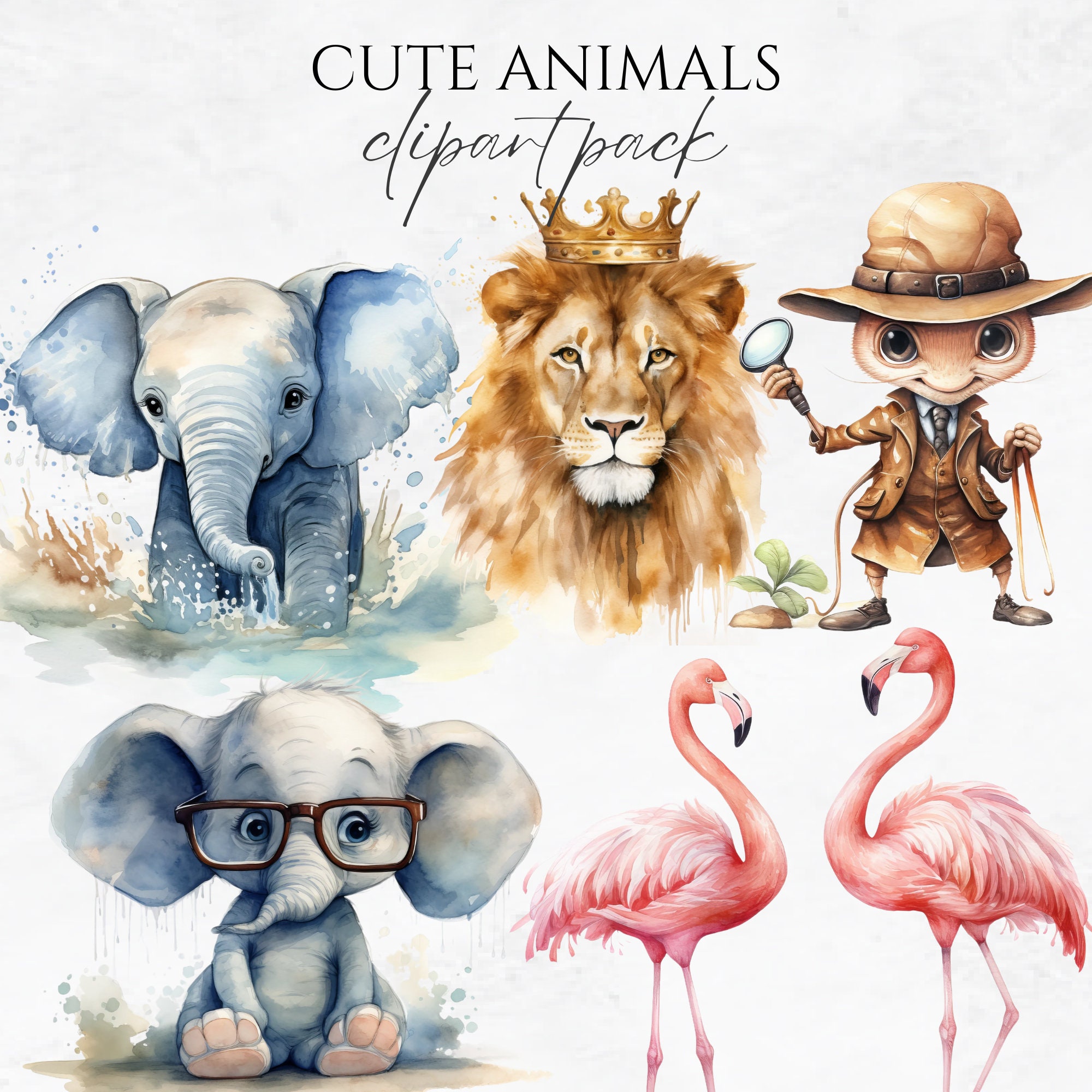 Cute Animals Watercolor Clipart Safari Animals PNG Woodland Creatures ...