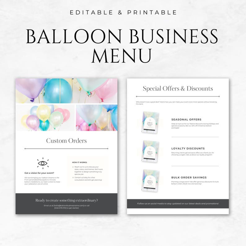 Balloon Business Menu Template Printable Editable Balloon Services Menu ...
