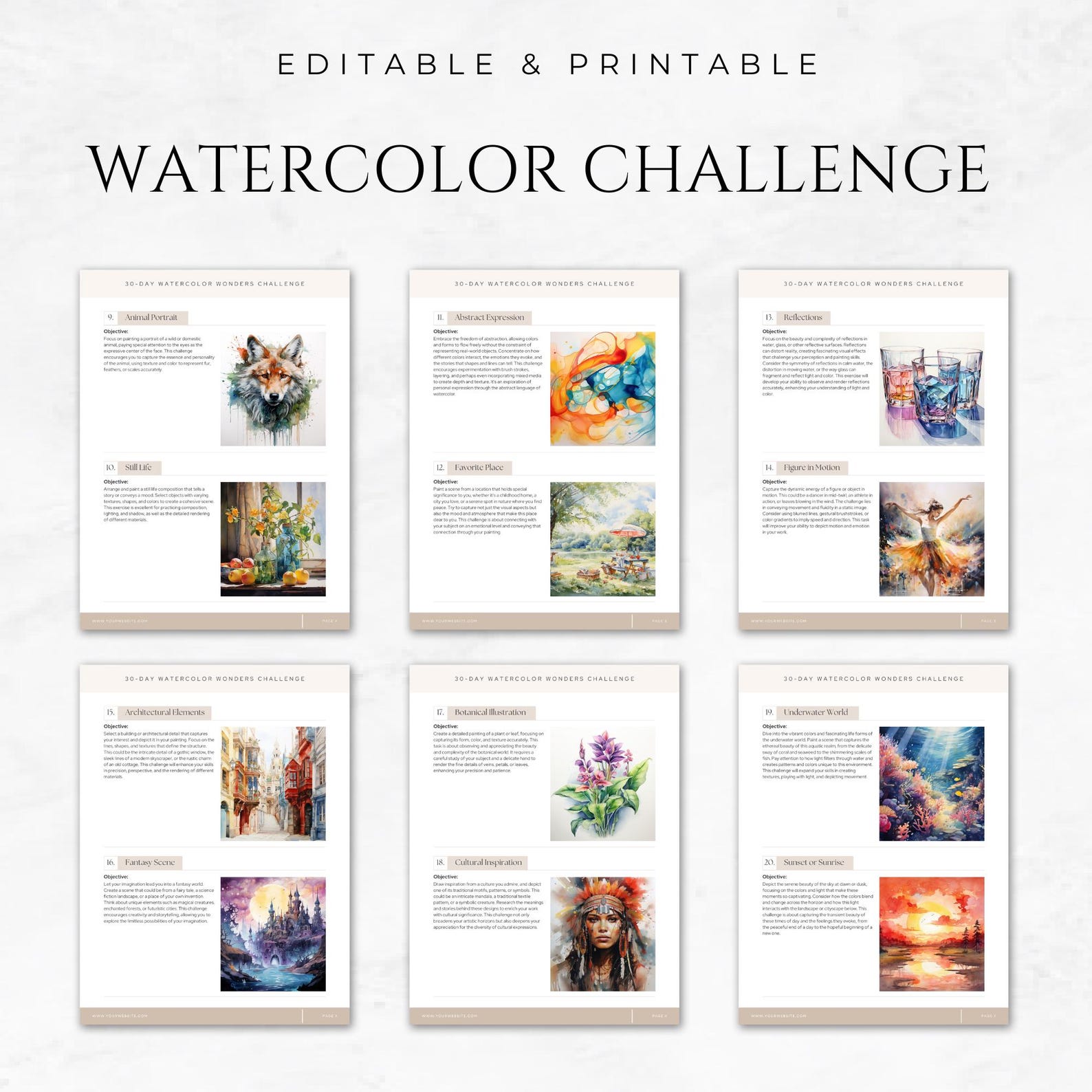 30-day Watercolor Challenge Templates Printable Watercolor Painting ...