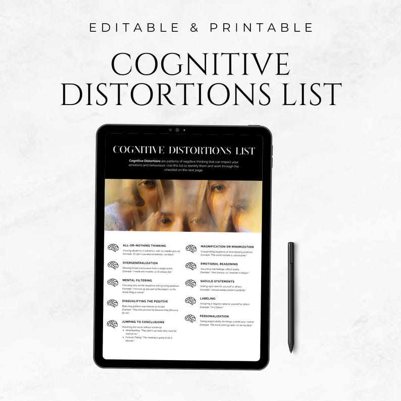 Cognitive Distortions List Template Printable Therapy Worksheet CBT ...