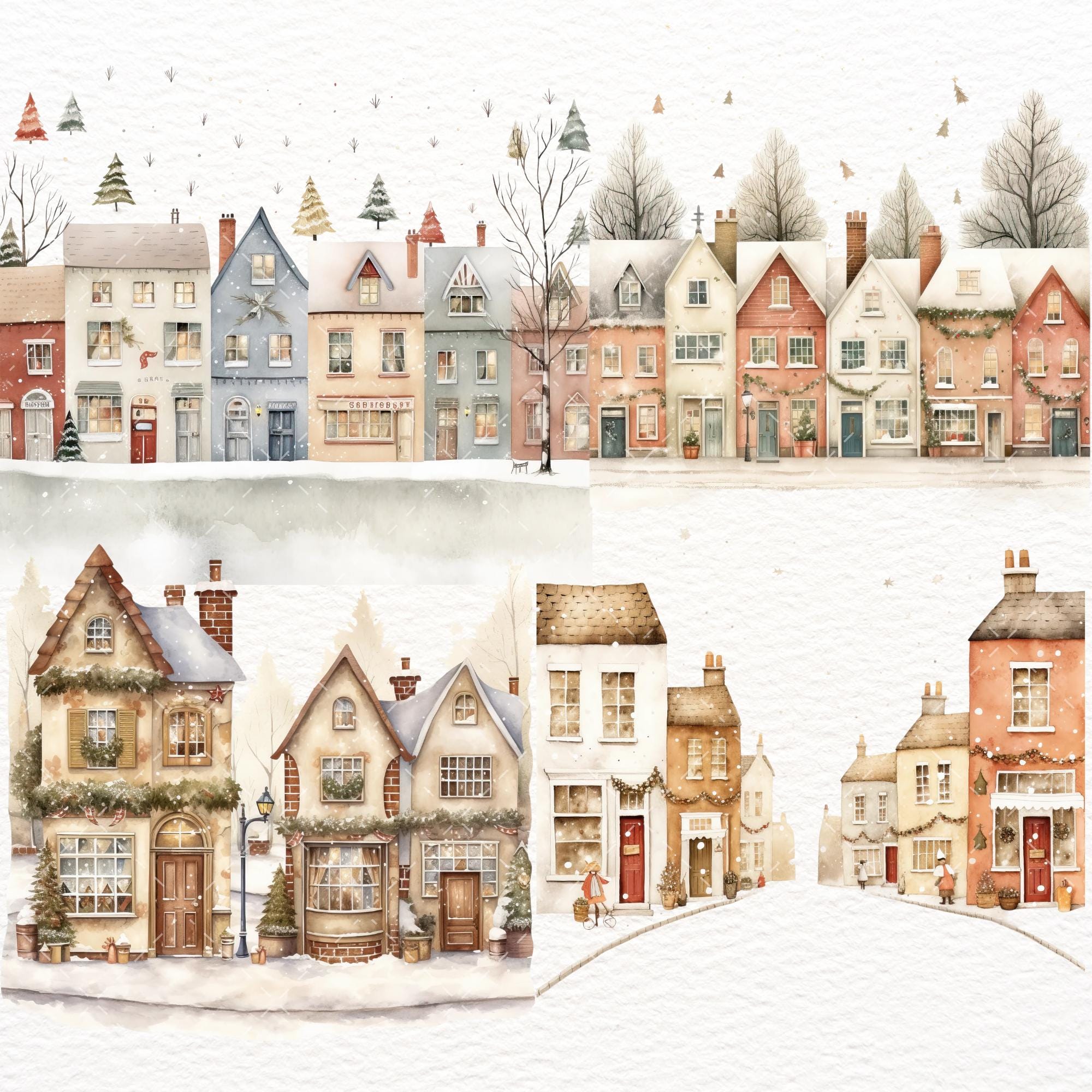 Rustic Christmas Village Clipart Snowy Houses Winter Village Scene ...