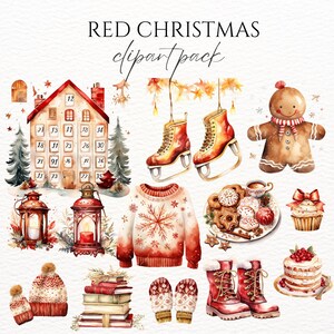 Red Christmas Clipart Watercolor Festive Winter Holiday Clipart ...