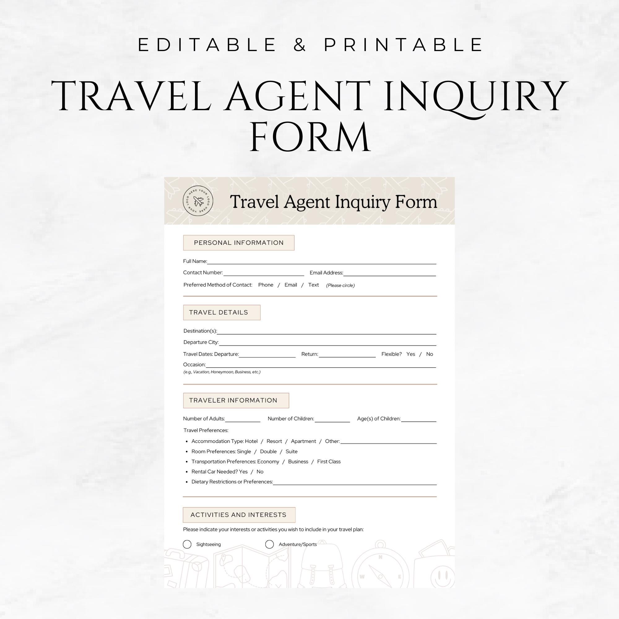 Travel Agent Inquiry Form Template Travel Business Form Travel Agency ...