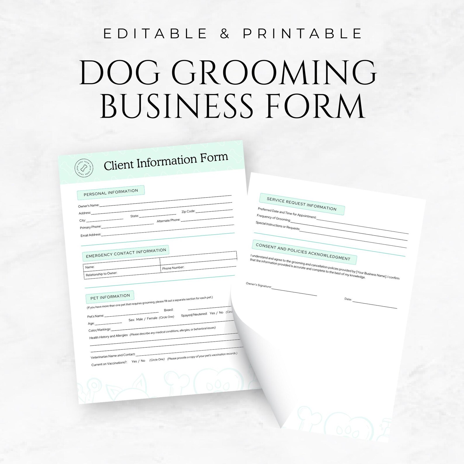 Dog Grooming Business Form Pet Owner Information Form Pet Information ...