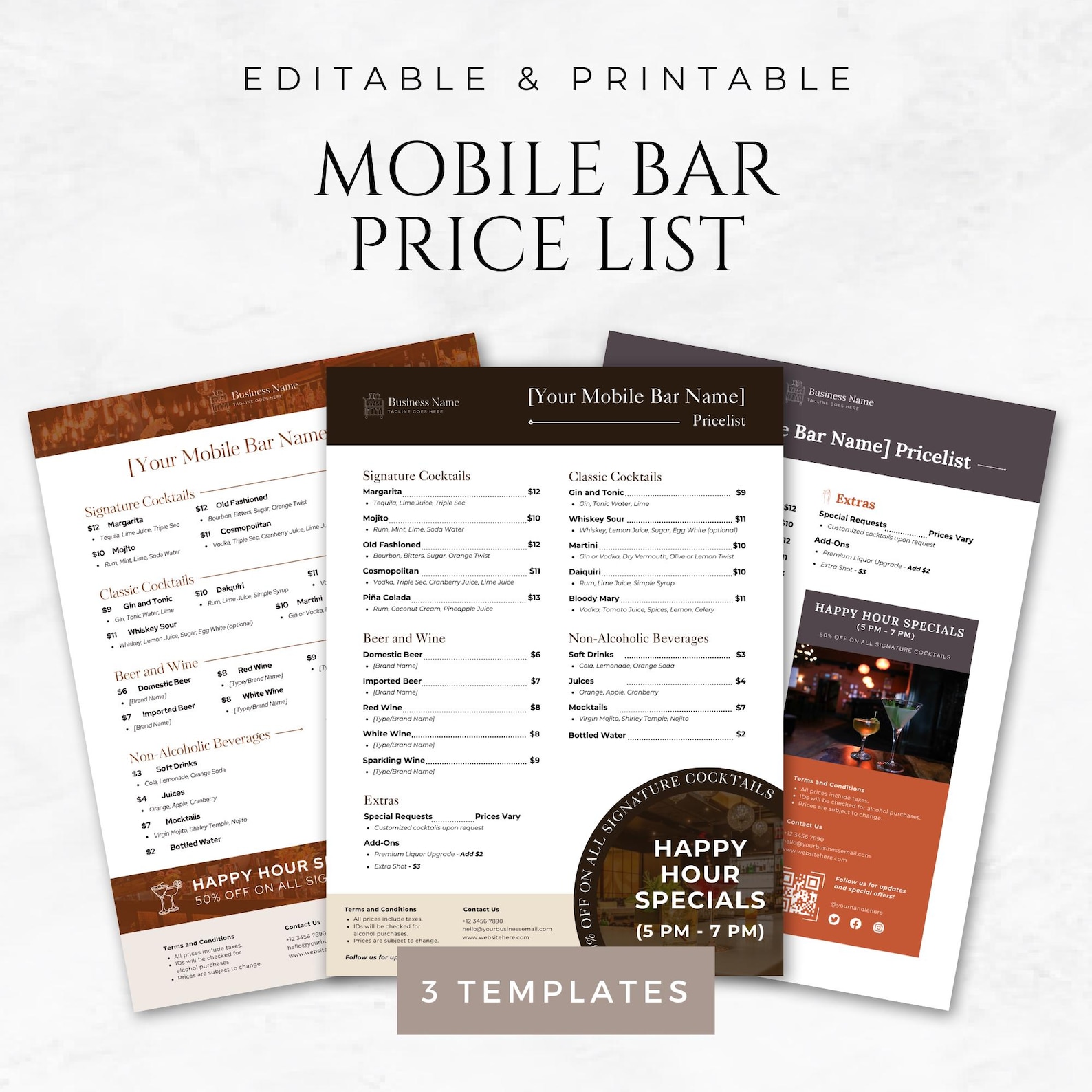 Mobile Bar Price List Template Drink Menu Editable Menu Cocktail Menu ...