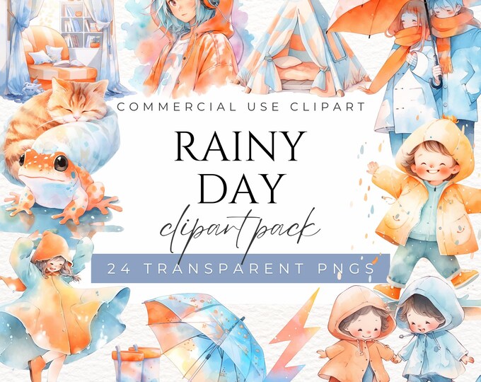 Watercolor Rainy Day Clipart Png Bundle, Spring Girl Clipart, Rain ...
