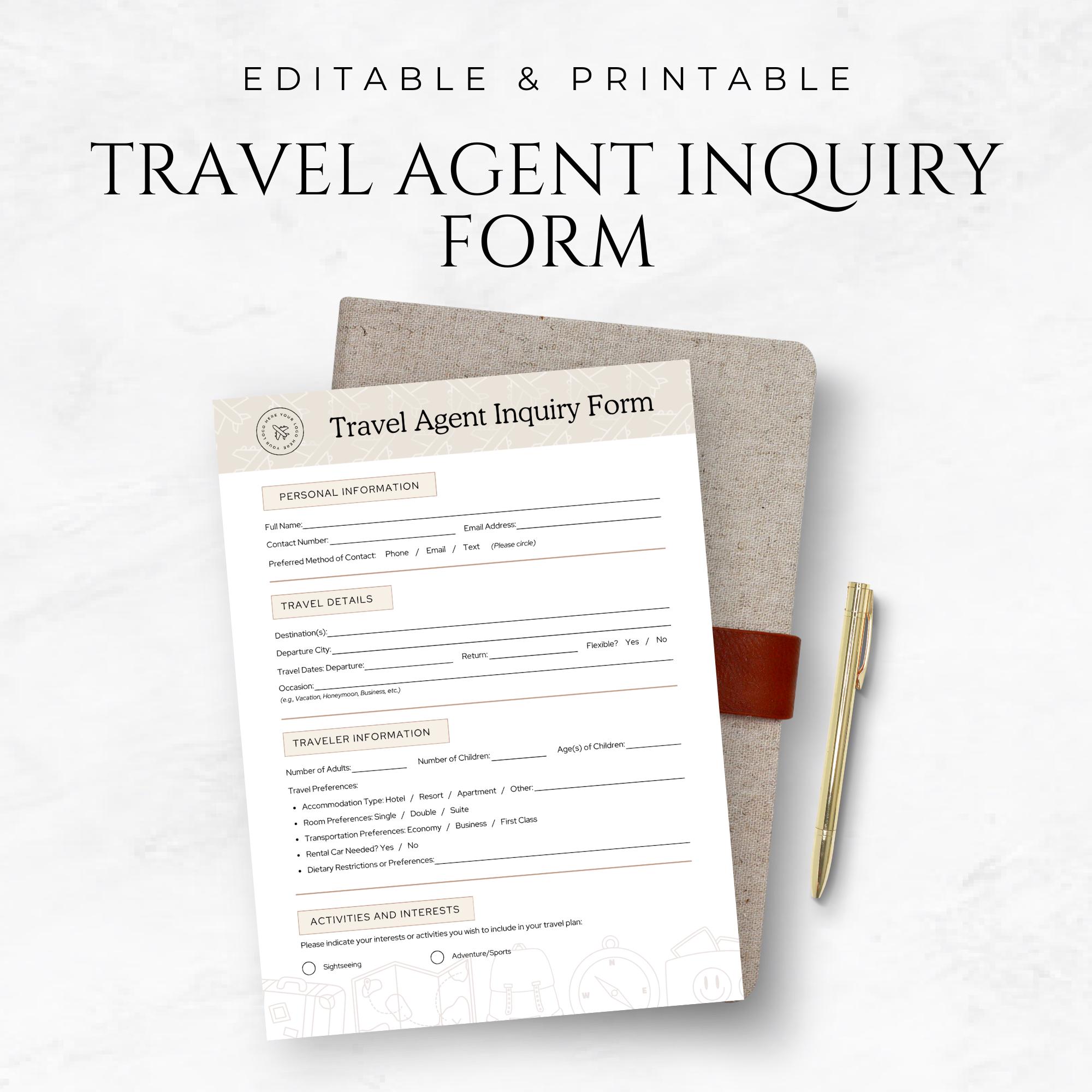 Travel Agent Inquiry Form Template Travel Business Form Travel Agency ...
