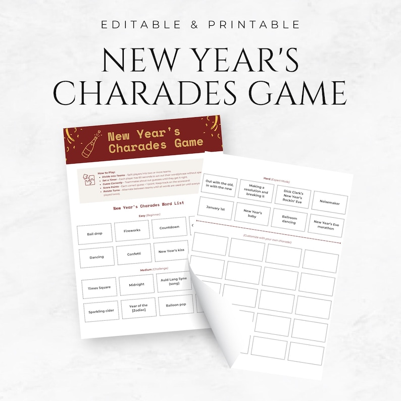 New Year's Charades Game: Editable Canva Template (printable Party ...