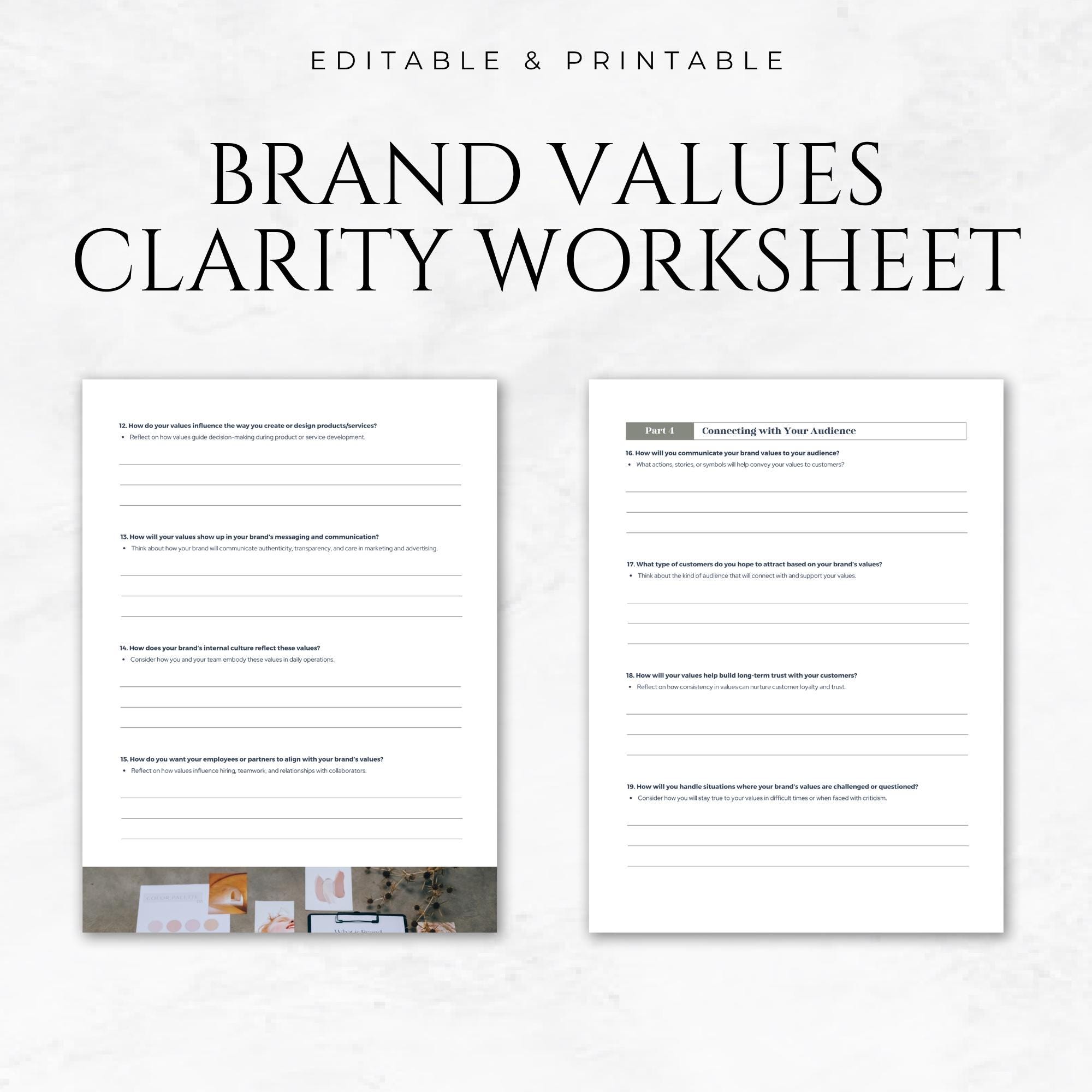 Brand Values Clarity Worksheet Template Printable Brand Strategy Guide ...