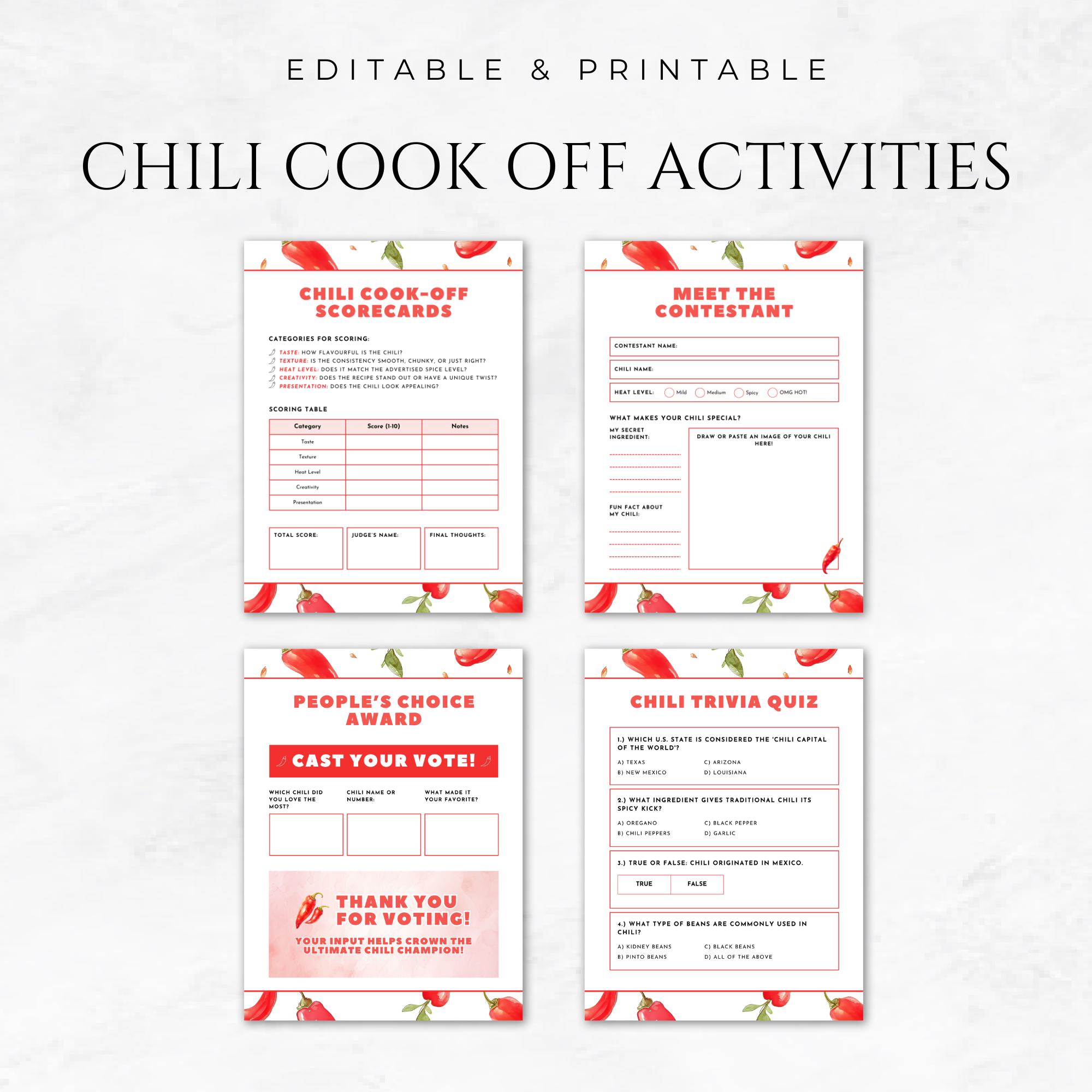 Chili Cook off Activities Template Printable Cook off Score Sheet Chili ...
