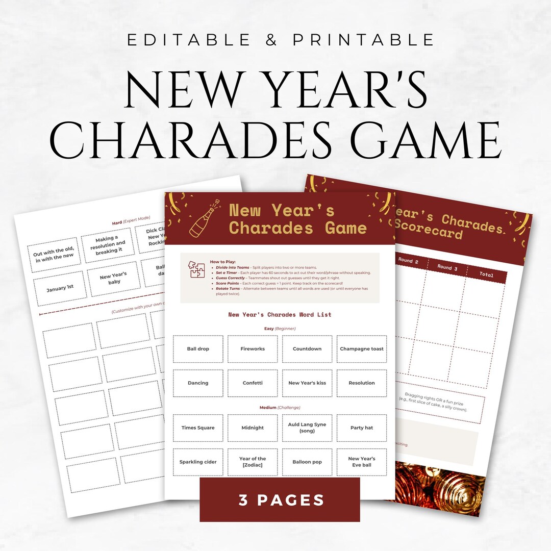 New Year's Charades Game: Editable Canva Template (printable Party ...