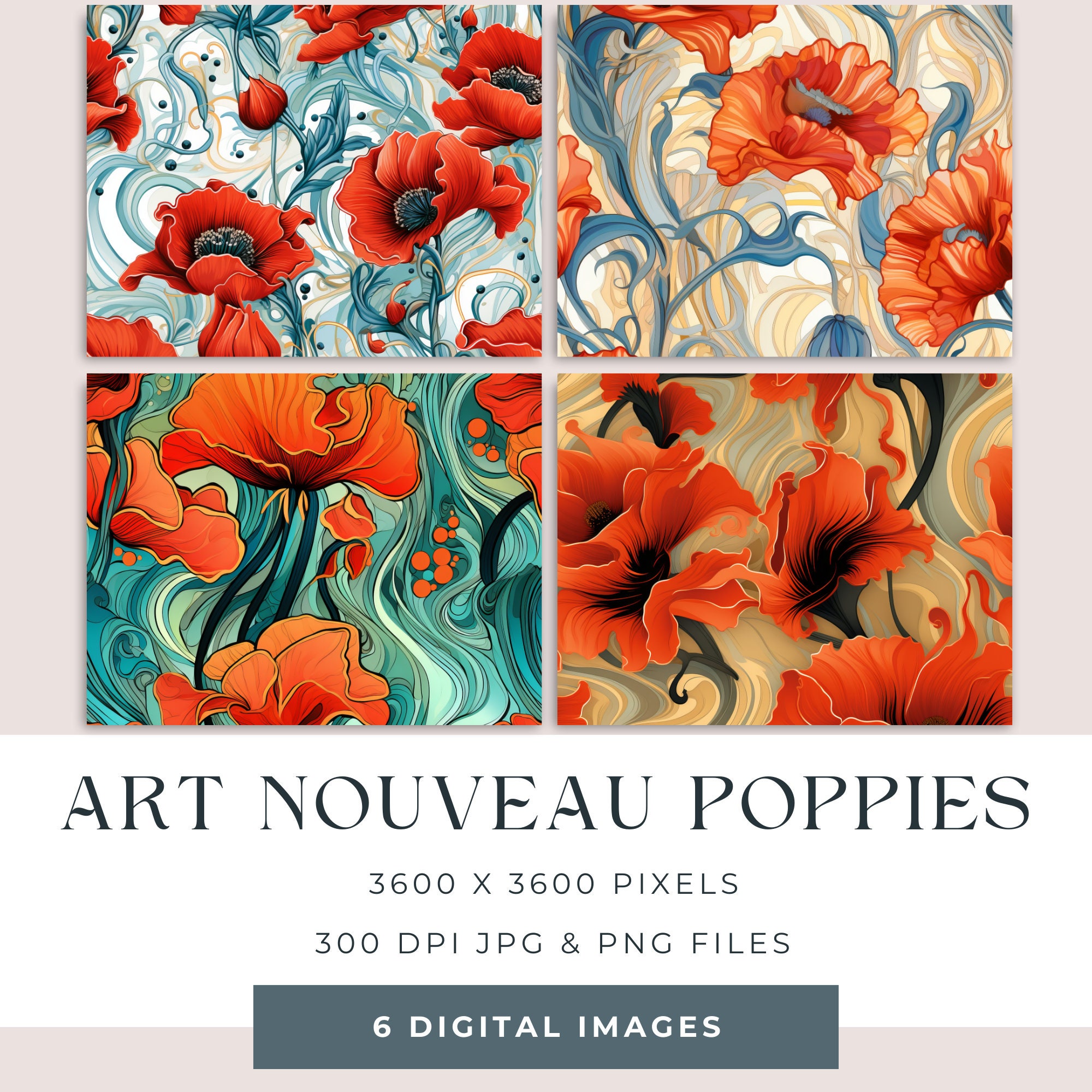 Seamless Art Nouveau Poppies Flowers Digital Patterns Poppy Floral ...
