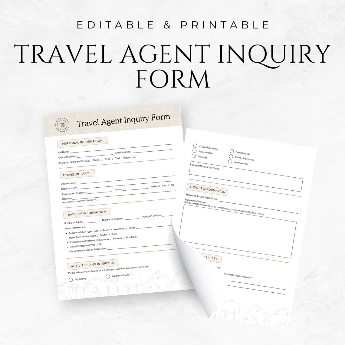 Travel Agent Inquiry Form Template Travel Business Form Travel Agency ...