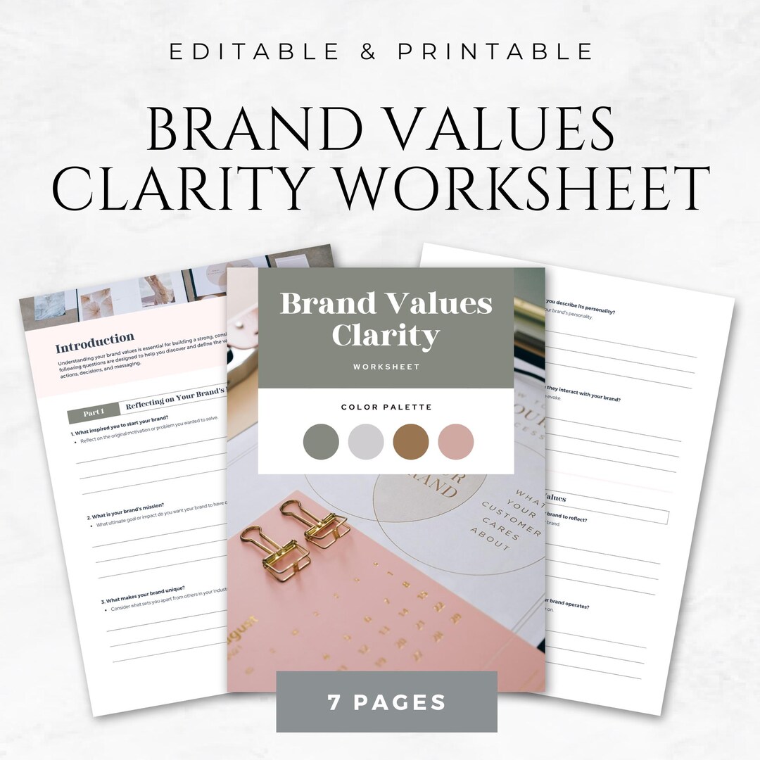 Brand Values Clarity Worksheet Template Printable Brand Strategy Guide ...
