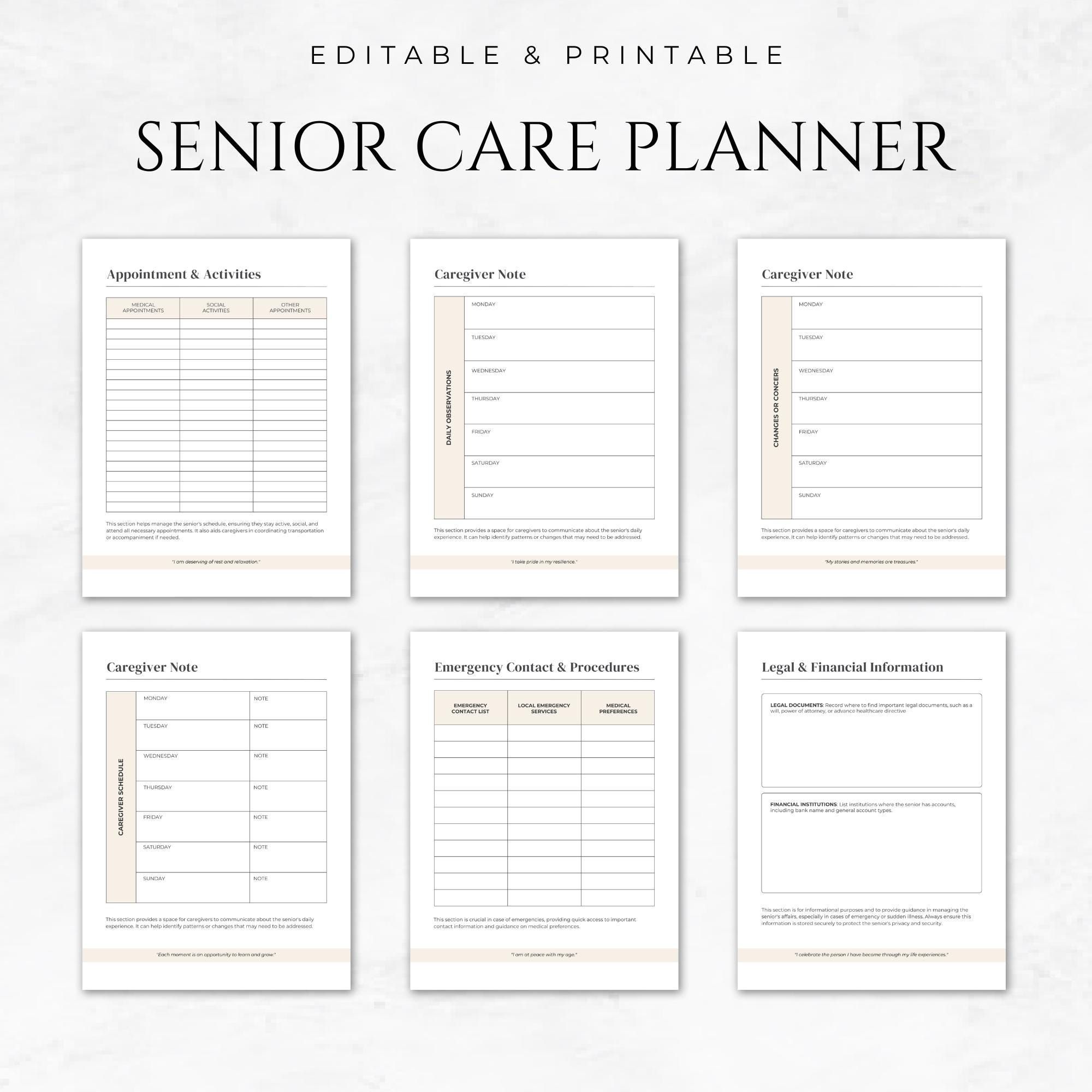 Senior Care Planner Template Printable Caregiver Planner Elderly Care ...