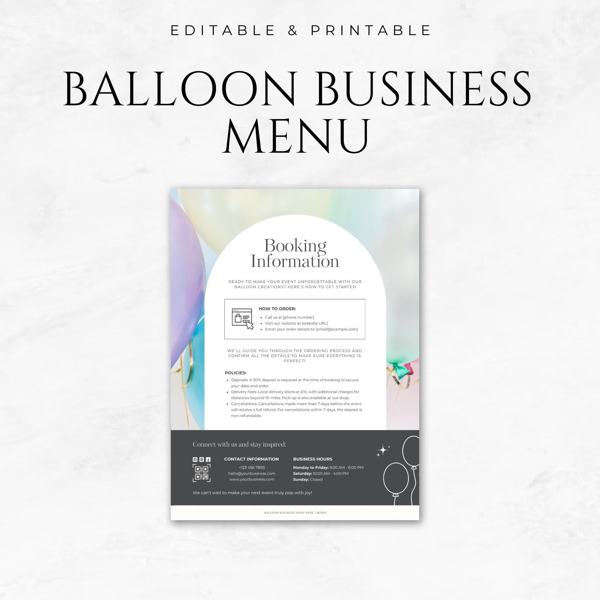 Balloon Business Menu Template Printable Editable Balloon Services Menu ...