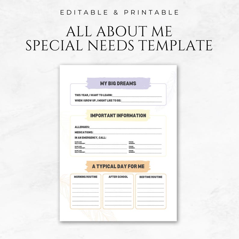 All About Me Special Needs Template Printable Special Needs Profile ...
