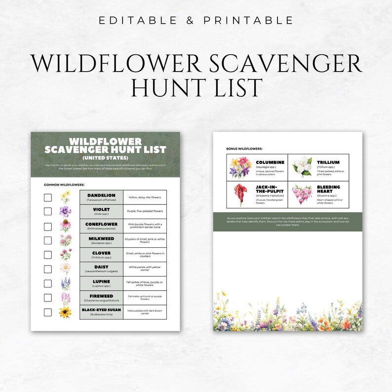 Wildflower Scavenger Hunt for Kids Outdoor Activities Nature Scavenger ...