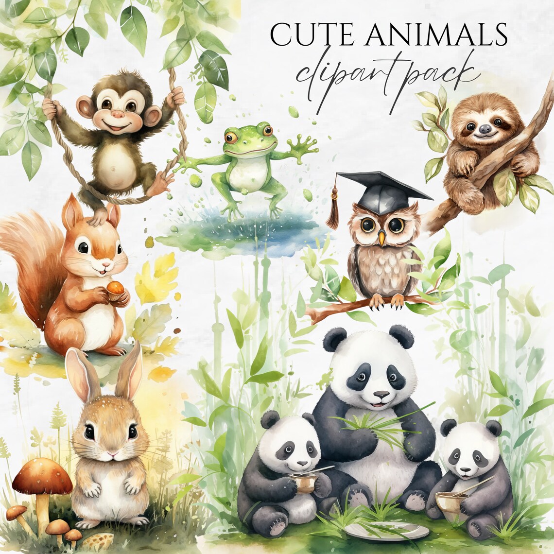 Cute Animals Watercolor Clipart Safari Animals PNG Woodland Creatures ...