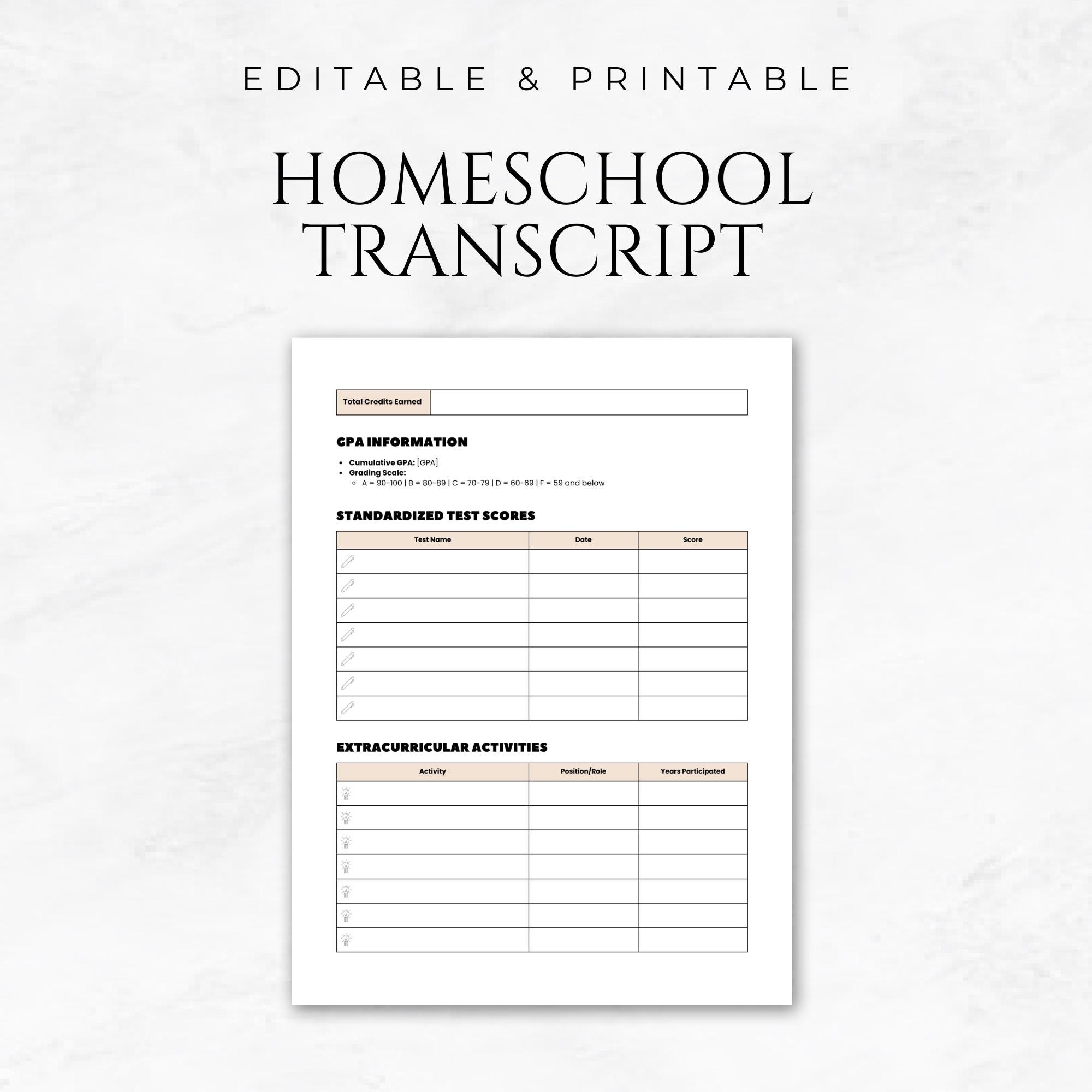 Printable Homeschool Transcript Template: Editable High School Records ...